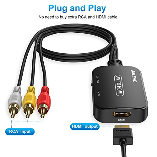 ABLEWE RCA to HDMI Converter, AV to HDMI Converter with RCA Cable & HDMI Cable Supports PAL/NTSC for Roku/VHS/VCR/Blue-ray DVD Players