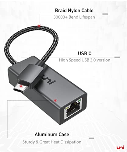 USB-C to Ethernet Adapter, uni [Thunderbolt 3/4 Compatible] Gigabit Ethernet Adapter, Type-C to RJ45 Adapter for MacBook Pro/Air M2, iPad Pro/Air, Dell XPS 13, Surface Laptop 5, Switch Lite