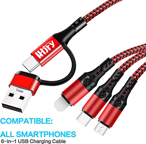 LHJRY 6 in 1 Multi Charging Cable 3Pack 4ft Multiple Charge Cord USB A/C to Phone USB C Micro USB Connector Charging Cord Compatible with Cell Phones Tablets and More - (Red,Black,Blue)