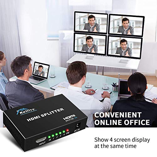 KELIIYO HDMI Splitter 1 in 4 Out V1.4b Powered HDMI Video Splitter with AC Adaptor Duplicate/Mirror Screen Monitor Supports Ultra HD 1080P 2K x4K@30Hz and 3D Resolutions (1 Input to 4 Outputs)