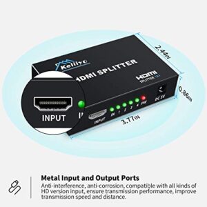 KELIIYO HDMI Splitter 1 in 4 Out V1.4b Powered HDMI Video Splitter with AC Adaptor Duplicate/Mirror Screen Monitor Supports Ultra HD 1080P 2K x4K@30Hz and 3D Resolutions (1 Input to 4 Outputs)