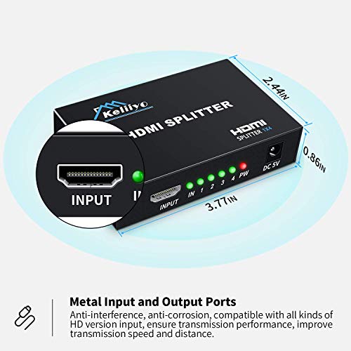 KELIIYO HDMI Splitter 1 in 4 Out V1.4b Powered HDMI Video Splitter with AC Adaptor Duplicate/Mirror Screen Monitor Supports Ultra HD 1080P 2K x4K@30Hz and 3D Resolutions (1 Input to 4 Outputs)