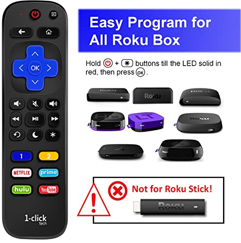 1-clicktech Remote for Roku TV w/SIX Programmable HotKeys, for TCL Hisense Onn Sharp Sanyo Hitachi Element Insignia Westinghouse Magnavox LG Roku TVs or Roku Box【NOT for Stick】