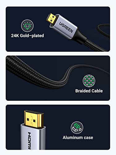 UGREEN 4K Micro HDMI to HDMI Cable 6.6FT, Aluminum Shell Braided High Speed 18Gbps,4K 60Hz HDR 3D ARC Compatible with GoPro Hero 7 6 5 Raspberry Pi 4 Sony A6000 A6300 Camera Nikon B500 Yoga 3 Pro