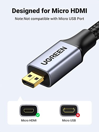 UGREEN 4K Micro HDMI to HDMI Cable 6.6FT, Aluminum Shell Braided High Speed 18Gbps,4K 60Hz HDR 3D ARC Compatible with GoPro Hero 7 6 5 Raspberry Pi 4 Sony A6000 A6300 Camera Nikon B500 Yoga 3 Pro