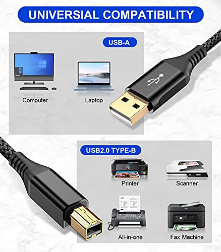 sweguard Printer Cable 10ft, USB 2.0 Printer Cable USB-A to USB-B Cable, High Speed Nylon Braided Scanner Printer Cord for HP Canon Dell Epson Brother Lexmark Xerox Samsung Piano DAC & More-Black