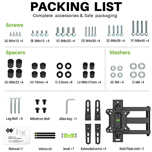 USX MOUNT Full Motion TV Monitor Wall Mount for Most 13-42 inch Flat Curved Screen TVs & Monitors Up to 55lbs, Single Stud TV Mount Bracket Articulating Arms Swivel Tilt Extension, Max VESA 200x200mm