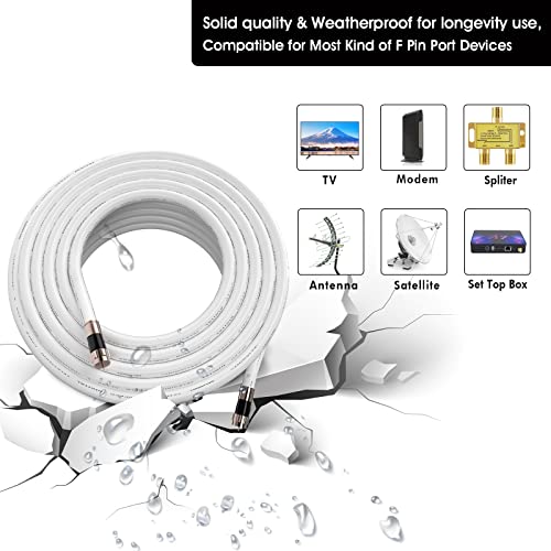 RELIAGINT 50ft White RG6 Coaxial Cable with F Connector, F81 Female Extension Adapter, Low Loss High-Speed Coax Cable Cord Extender for HD TV, Dish, Satellite, Antenna, TV Cable 50'