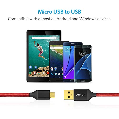 [2-Pack] Anker 6ft / 1.8m Nylon Braided Tangle-Free Micro USB Cable with Gold-Plated Connectors for Android, Samsung, HTC, Nokia, Sony and More (Red)