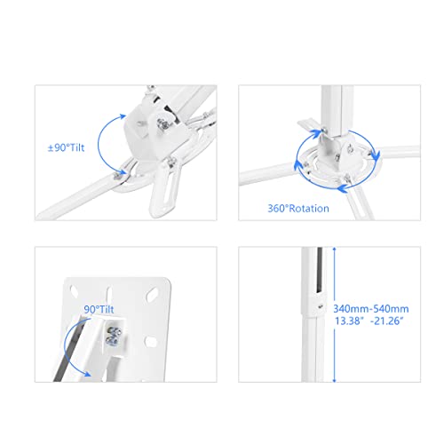 suptek White Projector Ceiling Mount Bracket Fits Flat or Sloped Ceiling Height Adjustable with Extendable Length for LCD/DLP Projectors (PR05)