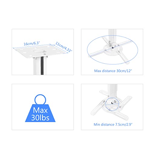 suptek White Projector Ceiling Mount Bracket Fits Flat or Sloped Ceiling Height Adjustable with Extendable Length for LCD/DLP Projectors (PR05)