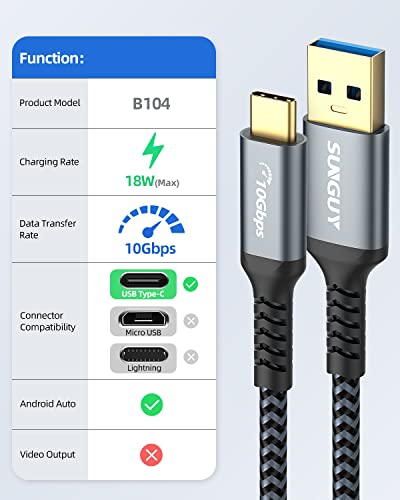 SUNGUY USB C Android Auto Cable 1FT, USB C to USB 3.1 USB 3.2 Gen2 10Gbps USB A to C Data Fast Charging Cable Compatible with Samsung Galaxy S21 S20 S10 S10E Note 20, USB C External C SSD, Pixel