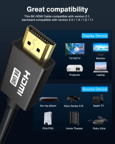 8K HDMI Cable 2.1 Certified 48Gbps 6.6ft/2m IVANKY Ultra High Speed HDMI 2.1 Cable Braided Cord 8K@60Hz 4K@120Hz, DTS:X, eARC HDR 12 HDCP 2.2&2.3, RTX 3090, Dolby for Roku TV/PS5/PS4/Xbox/HDTV/Blu-ray