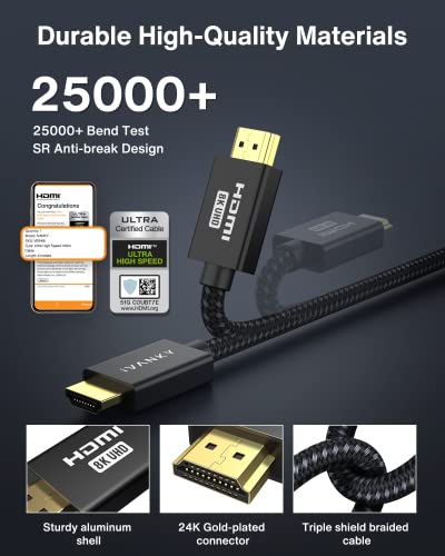 8K HDMI Cable 2.1 Certified 48Gbps 6.6ft/2m IVANKY Ultra High Speed HDMI 2.1 Cable Braided Cord 8K@60Hz 4K@120Hz, DTS:X, eARC HDR 12 HDCP 2.2&2.3, RTX 3090, Dolby for Roku TV/PS5/PS4/Xbox/HDTV/Blu-ray