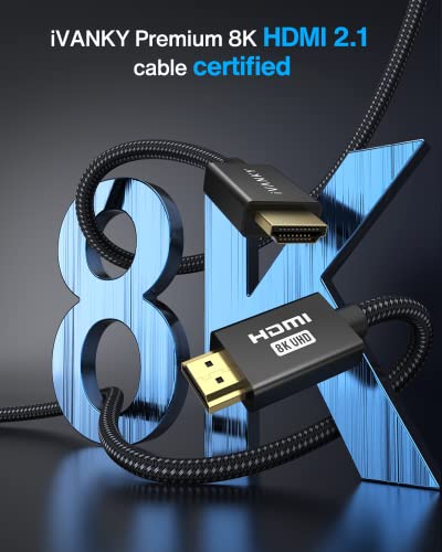 8K HDMI Cable 2.1 Certified 48Gbps 6.6ft/2m IVANKY Ultra High Speed HDMI 2.1 Cable Braided Cord 8K@60Hz 4K@120Hz, DTS:X, eARC HDR 12 HDCP 2.2&2.3, RTX 3090, Dolby for Roku TV/PS5/PS4/Xbox/HDTV/Blu-ray