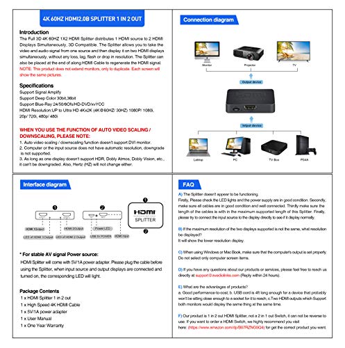 HDMI Splitter 4K@60Hz, avedio links HDMI Splitter 1 in 2 Out, HDMI Splitter for Dual Monitors Only Duplicate/Mirror Screens, Support HDMI2.0b, HDCP2.2, 18.5Gbps, Auto Scaling, Full HD 1080P 3D