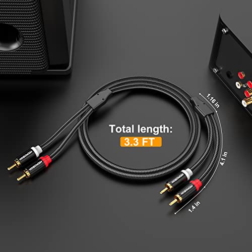 HOSONGIN RCA Cables 3.3ft 2 Pack[Hi-Fi Sound, Nylon Braided, Shielded], 2-Male to 2-Male RCA Audio Stereo Subwoofer Cable Auxiliary Cord for Home Theater, HDTV, Amplifiers, Hi-Fi Systems, Speakers