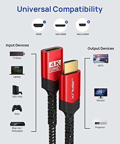 JSAUX HDMI Extension Cable 3.3FT, 4K 60Hz High Speed HDMI Extender Cord Male to Female Adapter Connector (HDR HDCP 2.2), Compatible with Roku TV Streaming Stick, Bluray Player, HDTV, Laptop, PC - Red