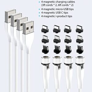 Terasako Magnetic Fast Charging Cable 4-Pack [3ft/3ft/6ft/6ft], 3A Phone Charger Cable with Data Transfer and LED Light, 360°& 180° Rotating Cords Compatible with Micro USB, USB C and iProduct