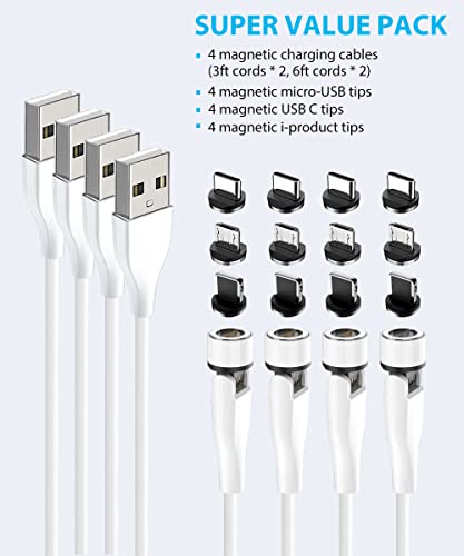 Terasako Magnetic Fast Charging Cable 4-Pack [3ft/3ft/6ft/6ft], 3A Phone Charger Cable with Data Transfer and LED Light, 360°& 180° Rotating Cords Compatible with Micro USB, USB C and iProduct