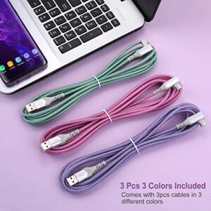 USB Type C Cable Fast Charging [3Pack,10ft],Pofesun USB C Cable Right Angle 90 Degree USB A to Type C Fast Charger Compatible for Samsung S22+Ultra S21 S20 S10 S9 Plus Note 20 10-Purple,Green,Rose