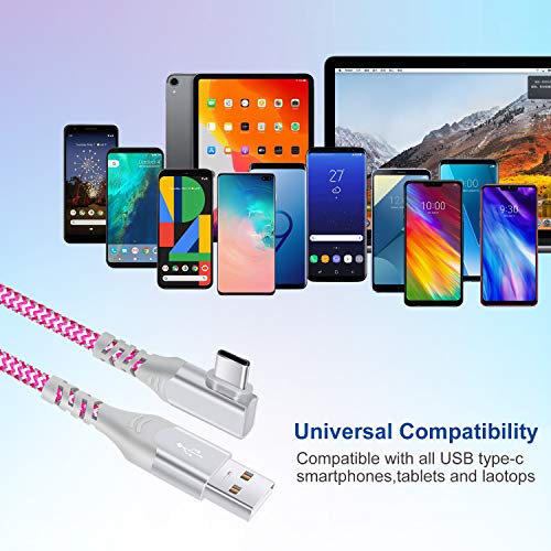 USB Type C Cable Fast Charging [3Pack,10ft],Pofesun USB C Cable Right Angle 90 Degree USB A to Type C Fast Charger Compatible for Samsung S22+Ultra S21 S20 S10 S9 Plus Note 20 10-Purple,Green,Rose