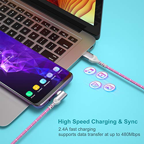 USB Type C Cable Fast Charging [3Pack,10ft],Pofesun USB C Cable Right Angle 90 Degree USB A to Type C Fast Charger Compatible for Samsung S22+Ultra S21 S20 S10 S9 Plus Note 20 10-Purple,Green,Rose