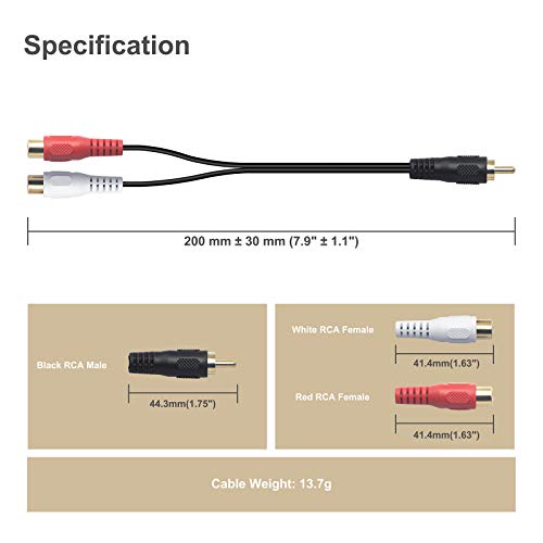 VCELINK RCA Y Splitter (8 Inch), 1 Male to 2 Female Stereo Audio Cable, Gold Plated Dual RCA Female Adapter for Subwoofer, Car Radio, Amplifier, TV, Digital Audio, 2 Pack