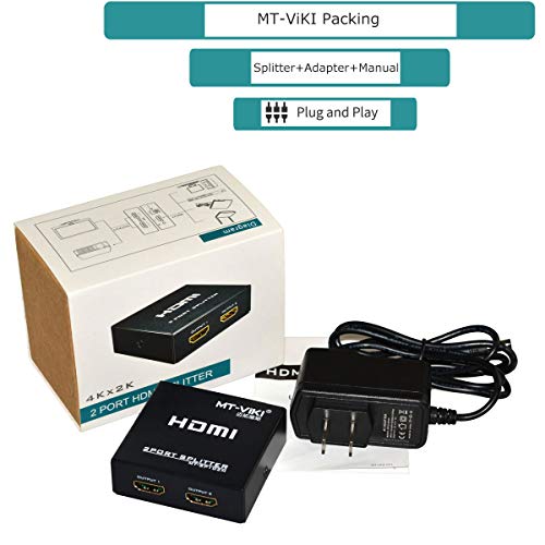 4K HDMI Splitter 1 in 2 Out, MT-VIKI 1x2 Powered HDMI Splitter for Dual Monitors w/Power Adapter, 4K@30Hz Dual Monitors Duplicate/Mirror for PS4 Fire Stick HDTV