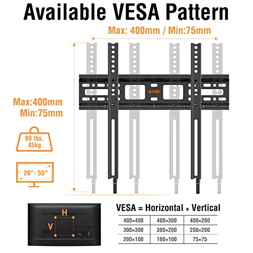 ELIVED Fixed TV Wall Mount Bracket, Low Profile TV Mount for Most 26-55 Inch LED, LCD and Plasma Flat Screen TVs, Ultra Slim TV Bracket, Max VESA 400x400mm, 99 lbs. Fits 12"-16" Wood Studs. YD3006