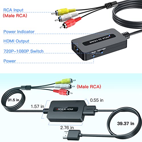 Male RCA to HDMI Cable Converter with HDMI and RCA Cables, CVBS Composite AV to HDMI Converter, RCA in HDMI Out Adapter, Full HD 720P/ 1080P Output Switch for DVD, STB, Roku with Female RCA Output