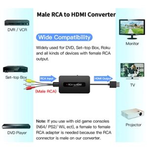 Male RCA to HDMI Cable Converter with HDMI and RCA Cables, CVBS Composite AV to HDMI Converter, RCA in HDMI Out Adapter, Full HD 720P/ 1080P Output Switch for DVD, STB, Roku with Female RCA Output