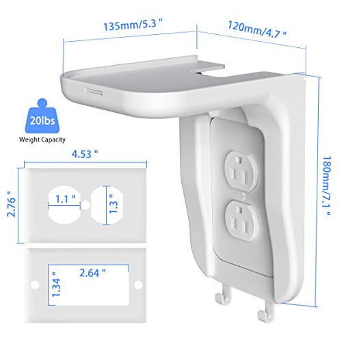 Suptek Wall Outlet Shelf, Home Wall Shelf Organizer for Outlets, Perfect for Bathroom, Kitchen, Bedrooms,Ideal for Cell Phone,Speaker up to 20lbs,With Cable Management and Detachable Hooks,White(S3W)