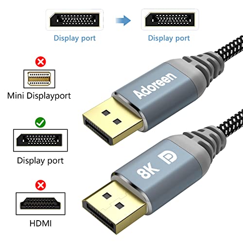 8K DisplayPort 1.4 Cable 15 Feet,Adoreen DP Cord From 1.5-30FT (8K@60Hz 4K@144Hz 1080P@240Hz 2K 32.4Gbps) HBR3 HDCP HDR,FreeSync G-Sync,Braided Display Port for Monitor 3090 Graphics + 5 Ties-NOT HDMI