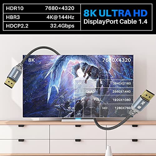 8K DisplayPort 1.4 Cable 15 Feet,Adoreen DP Cord From 1.5-30FT (8K@60Hz 4K@144Hz 1080P@240Hz 2K 32.4Gbps) HBR3 HDCP HDR,FreeSync G-Sync,Braided Display Port for Monitor 3090 Graphics + 5 Ties-NOT HDMI