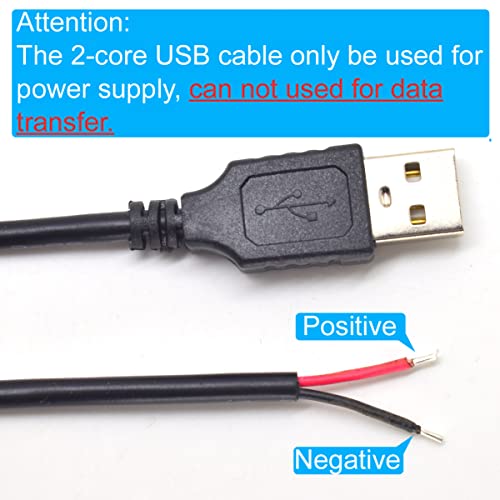 2pcs 1M/3.3Ft 20AWG USB 2.0 Male Plug 2pin Wire DIY Pigtail Cable 5V 5A Black USB Power Cable