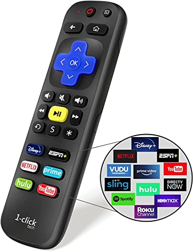 1-clicktech Remote for Roku TVs and Roku Players Express Premiere Ultra [2-in-1 w/TV Power+Volume] [NOT for ROKU Stick]