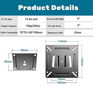 TETVIK Monitor Wall Mount Most 14-24“ TVs Computer Universal Low Profile RV TV Wall Mount VESA Up to 100x100mm Max Weight 30lbs Fits 15 19 20 22 23 Inch Camper Small Monitor Mount Bracket