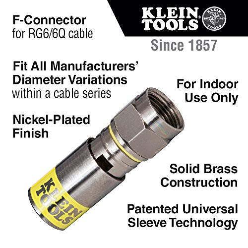 Klein Tools VDV812-606 F-Connector for RG6/6Q Coaxial Cable, Universal Compression Connectors, Male, Professiol Grade, 10-Pack