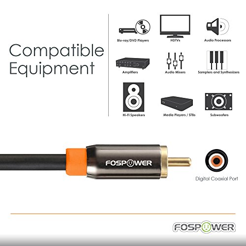 FosPower (10 Feet Digital Audio Coaxial Cable [24K Gold Plated Connectors] Premium S/PDIF RCA Male to RCA Male for Home Theater, HDTV, Subwoofer, Hi-Fi Systems