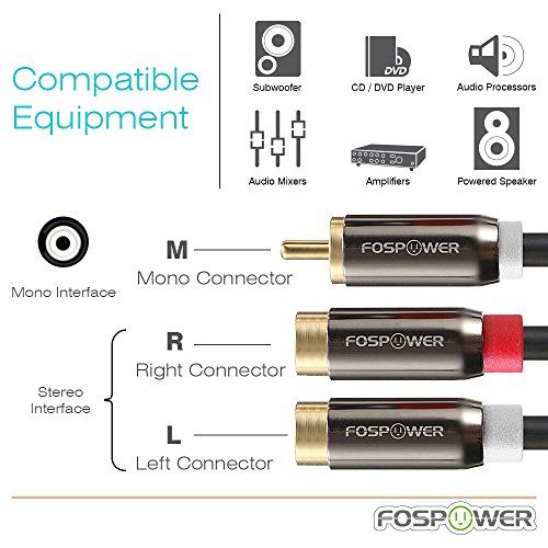 FosPower Y Adapter [8 inch] 1 RCA (Male) to 2 RCA (Female) Stereo Audio Y Adapter Subwoofer Cable [24k Gold Plated] 1 Male to 2 Female Y Splitter Connectors Extension Cord