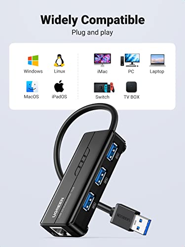 UGREEN USB 3.0 Hub Ethernet Adapter 10 100 1000 Gigabit Network Converter with 3 USB 3.0 Ports Hub Compatible with Laptop PC Nintendo Switch MacBook Mac Mini Surface XPS Windows Linux macOS, and More