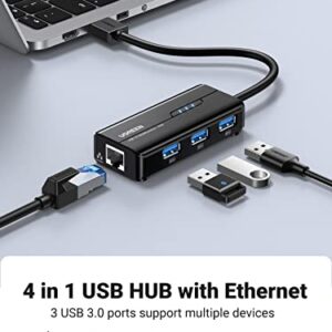 UGREEN USB 3.0 Hub Ethernet Adapter 10 100 1000 Gigabit Network Converter with 3 USB 3.0 Ports Hub Compatible with Laptop PC Nintendo Switch MacBook Mac Mini Surface XPS Windows Linux macOS, and More