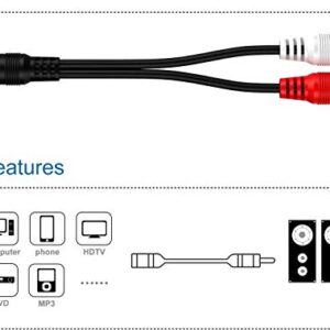 RCA 1 Male to 2 Female Audio Speaker Y Adapter Splitter Cable with OFC Conductor Dual Shielding Gold Plated Metal Shell Flexible PVC Jacket - 2 Pack / 0.6FT