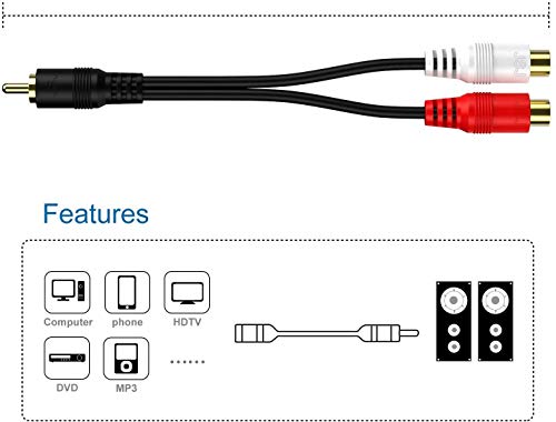 RCA 1 Male to 2 Female Audio Speaker Y Adapter Splitter Cable with OFC Conductor Dual Shielding Gold Plated Metal Shell Flexible PVC Jacket - 2 Pack / 0.6FT