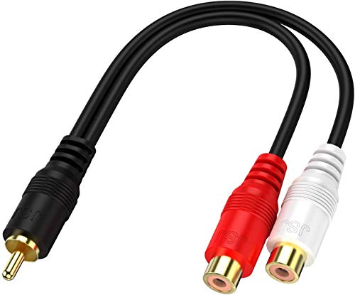 RCA 1 Male to 2 Female Audio Speaker Y Adapter Splitter Cable with OFC Conductor Dual Shielding Gold Plated Metal Shell Flexible PVC Jacket - 2 Pack / 0.6FT