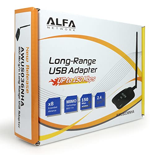 Alfa AWUS036NHA - Wireless B/G/N USB Adaptor - 802.11n - 150Mbps - 2.4 GHz - 5dBi Antenna - Long Range - Atheros Chipset - Windows XP/Vista 64-Bit /128-Bit Windows 7 Compatible