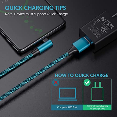 geekboy USB C Cable, Right Angle Type c Charger [2-Pack 10ft], Durable Nylon Braided USB A to Type C Charger Cable for Samsung S23 Ultra/S22 Ultra/S21 Plus/S20, Note 10 and Other USB C Charger(Cyan)