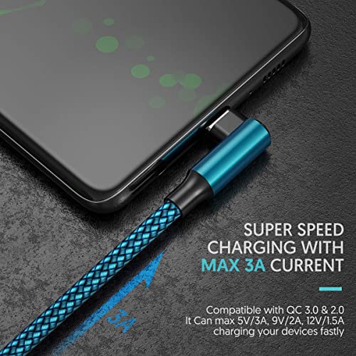 geekboy USB C Cable, Right Angle Type c Charger [2-Pack 10ft], Durable Nylon Braided USB A to Type C Charger Cable for Samsung S23 Ultra/S22 Ultra/S21 Plus/S20, Note 10 and Other USB C Charger(Cyan)