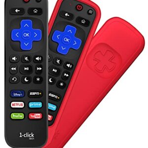 [w/Cover] 1-clicktech Remote for All Roku TV w/ 12 Opt. APPs, for TCL Roku/Hisense Roku/Onn Roku/Sharp Roku/All Built-in Roku TVs, or Roku Box【NOT for Stick】(Remote + Red Cover)